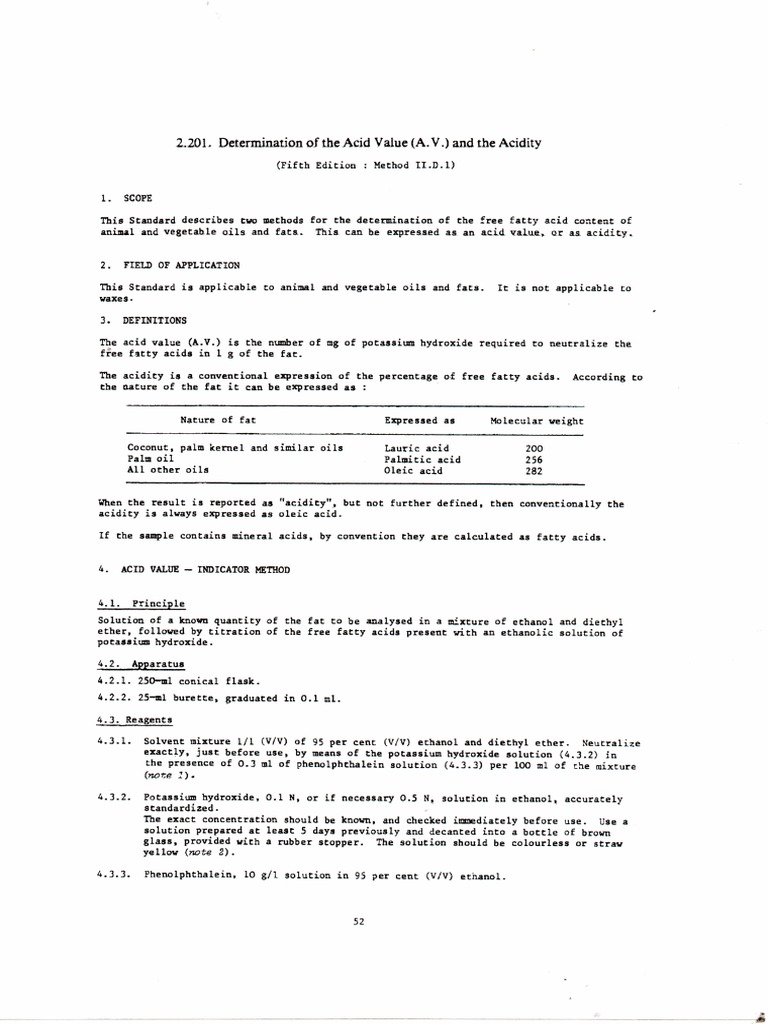 IUPAC 2.201 Determination of The Acid Value and The Acidity | PDF