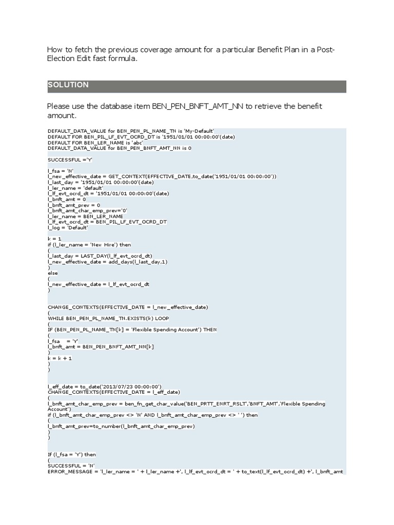 How To Fetch The Previous Coverage Amount For A Particular Benefit Plan in A Post | PDF