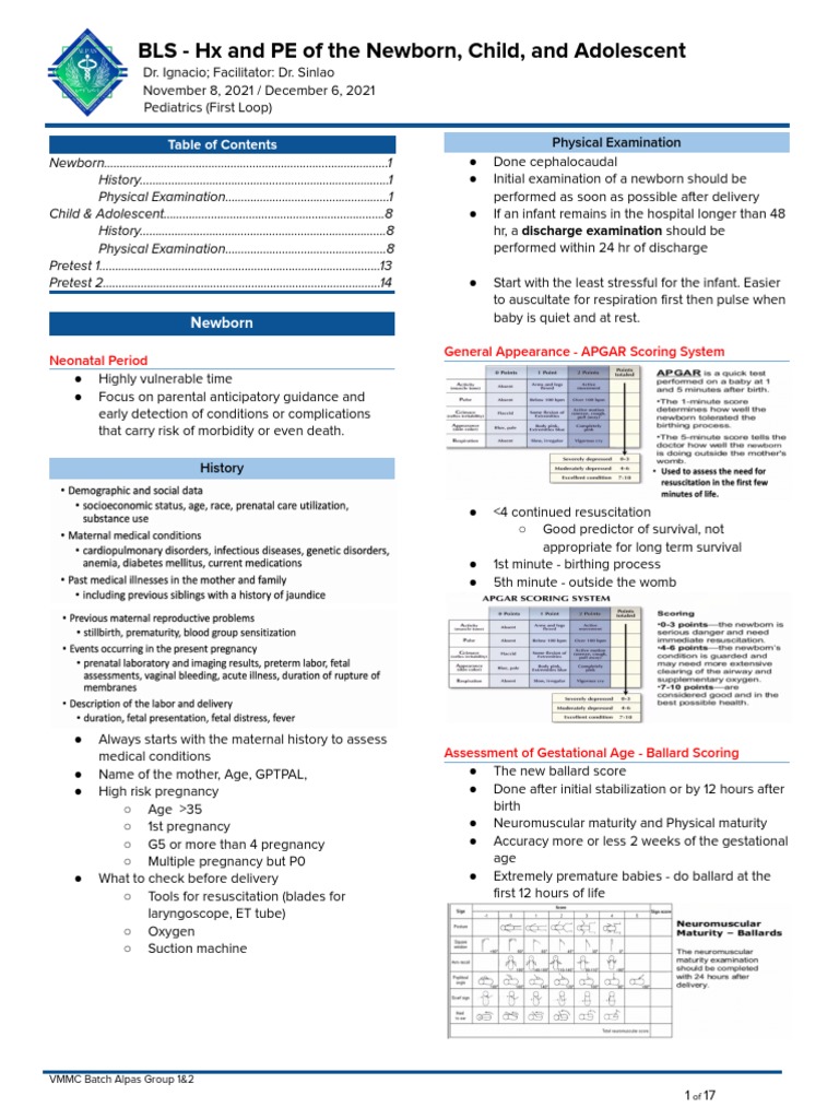 BLS 01 HX and PE of The Newborn, Child, and Adolescent 11 - 08 and 12 - 06 (Updated) | PDF ...