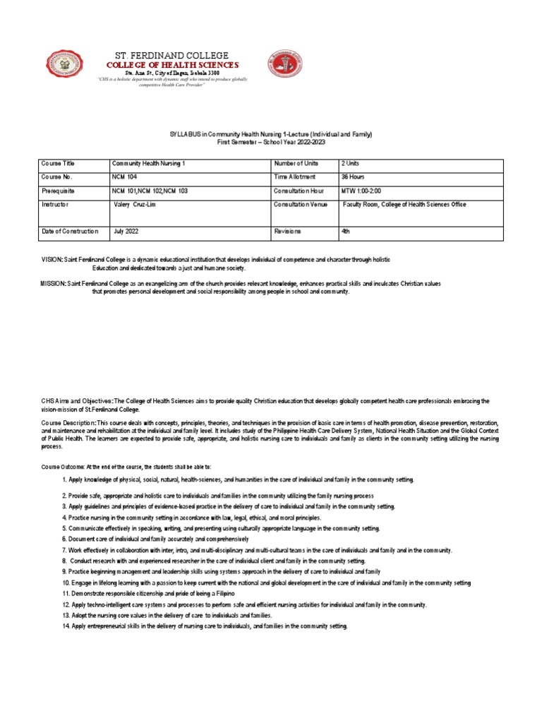 Syllabi CHN 1 2022 2023 1 | PDF | Nursing | Public Health