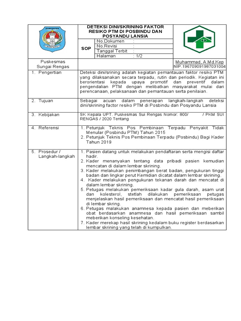 SOP Skrining Faktor Resiko PTM Di Posbindu | PDF | Kesehatan Holistik | Sains & Matematika