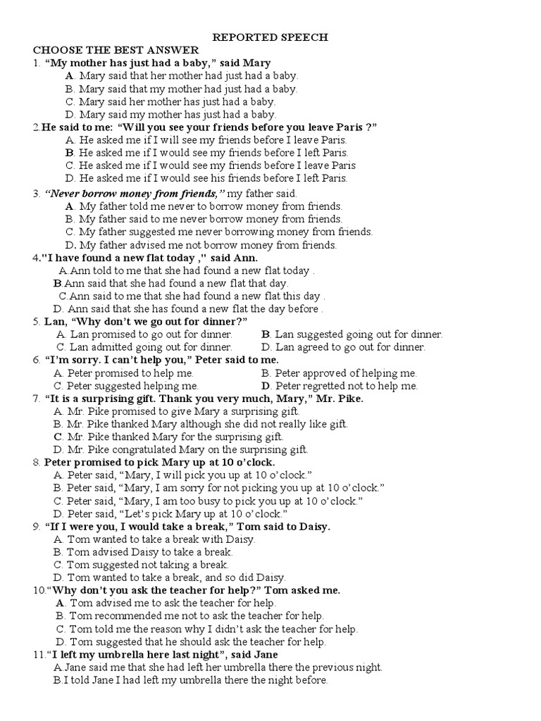 REPORTED SPEECH Cho Test Your Seft A | PDF