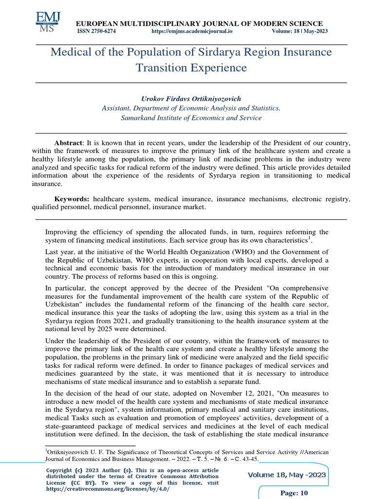 Medical of The Population of Sirdarya Region Insurance Transition ...