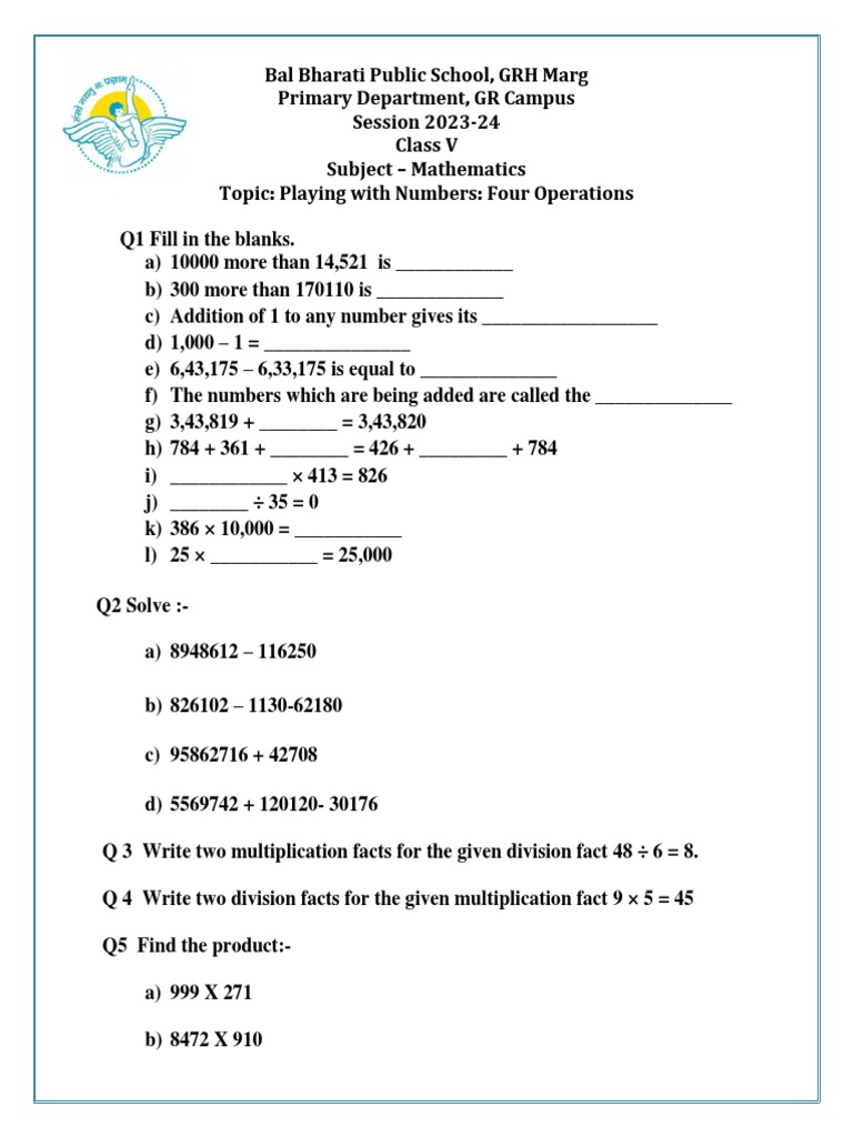 Worksheet -Playing with Numbers | PDF