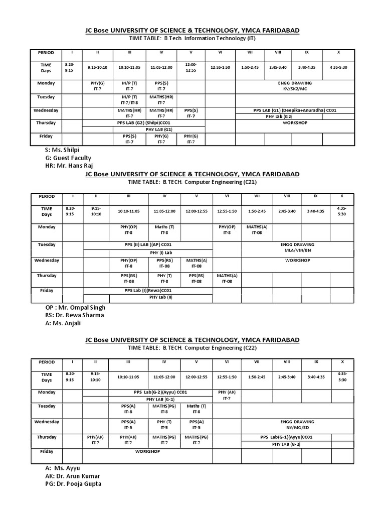 Btech 1st Year Timetable | PDF