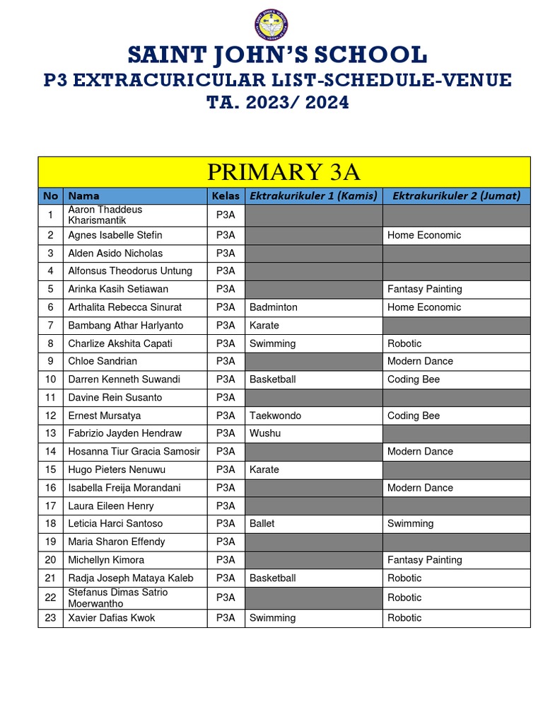 P3 Extracuricular List-Schedule-Venue | PDF | Entertainment | Summer Olympic Sports