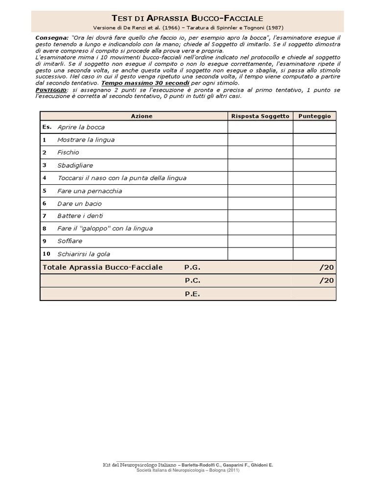 Aprassia Bucco Facciale Vers Spinnler | PDF