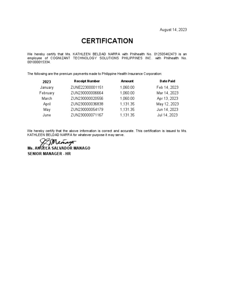 PhilHealth Premium Payment Certification | PDF