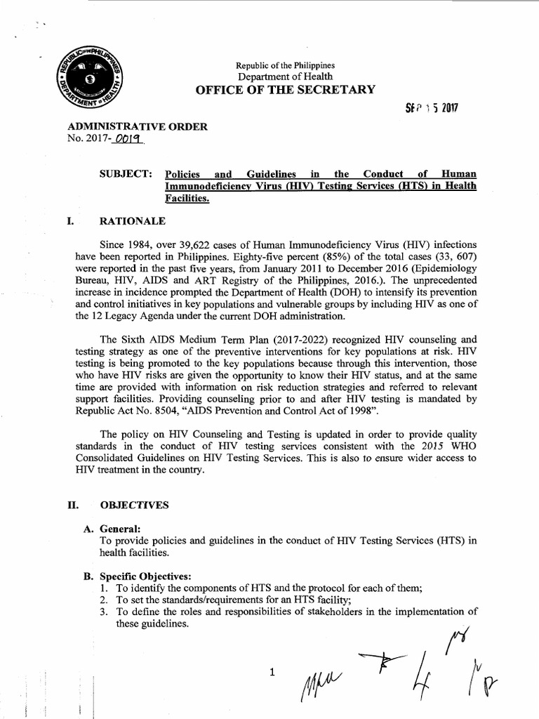 A0 No. 2017-0019 Policies and Guidelines in The Conduct of HIV Testing ...
