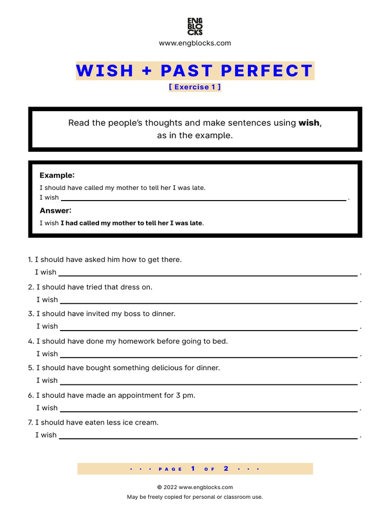 Wish Past Perfect Exercise 1 | PDF