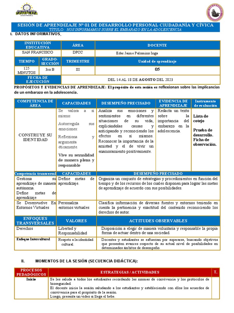 3° Dpcc-Sesión Aprendizaje N°01 - Ua 05 Del 14 Al 18 de Agosto | PDF | Aprendizaje | Evaluación