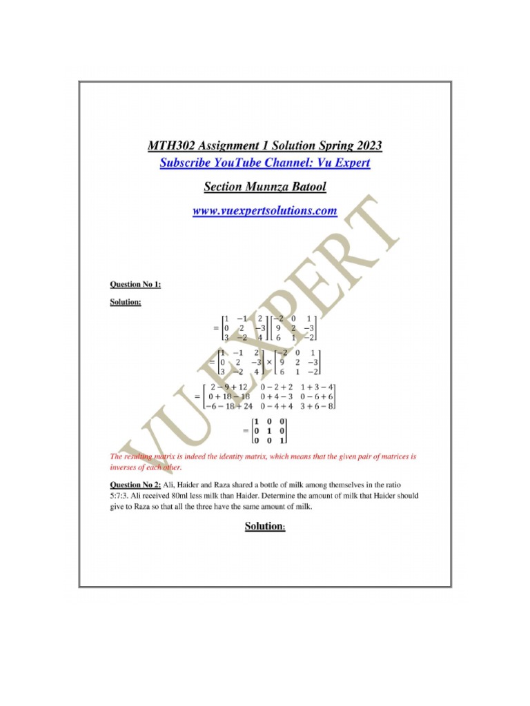 Mth302 Assign 1 Sol Spring 2023 Section Munnza Batool | PDF