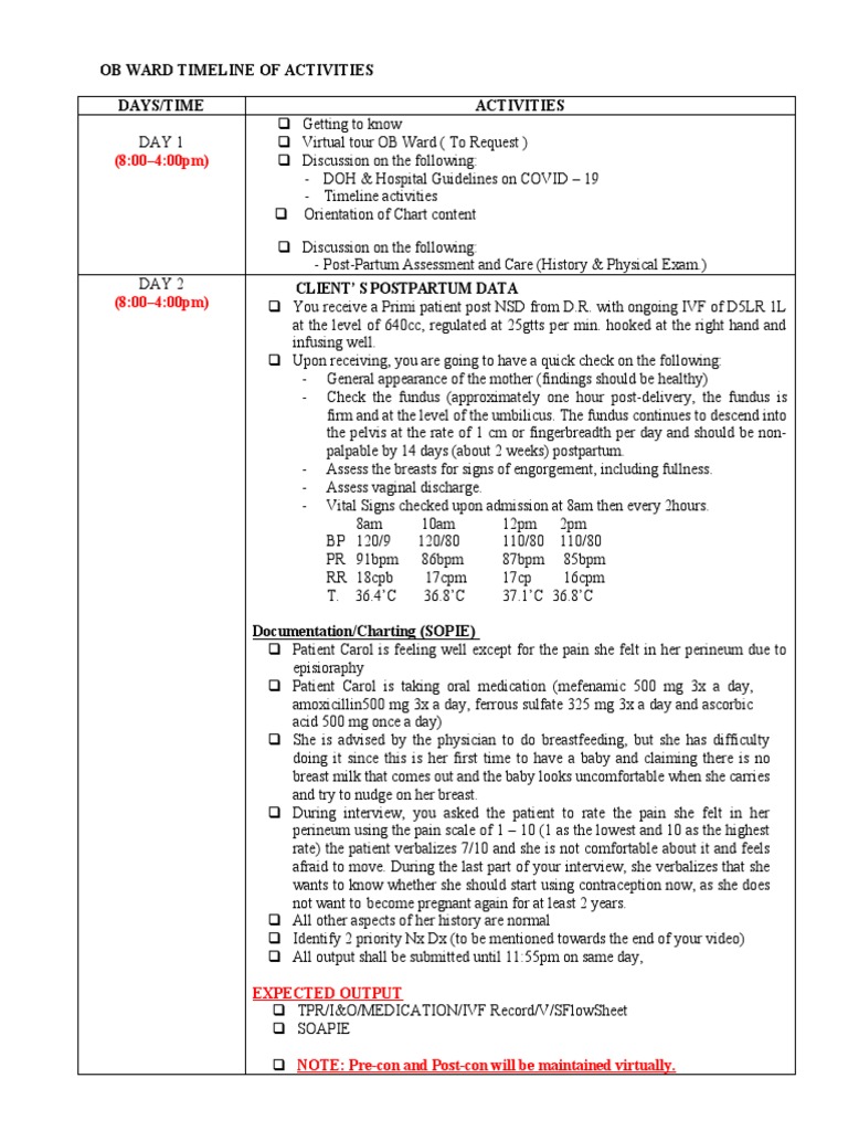 Ob Ward Timeline of Activities | PDF | Wellness | Science & Mathematics