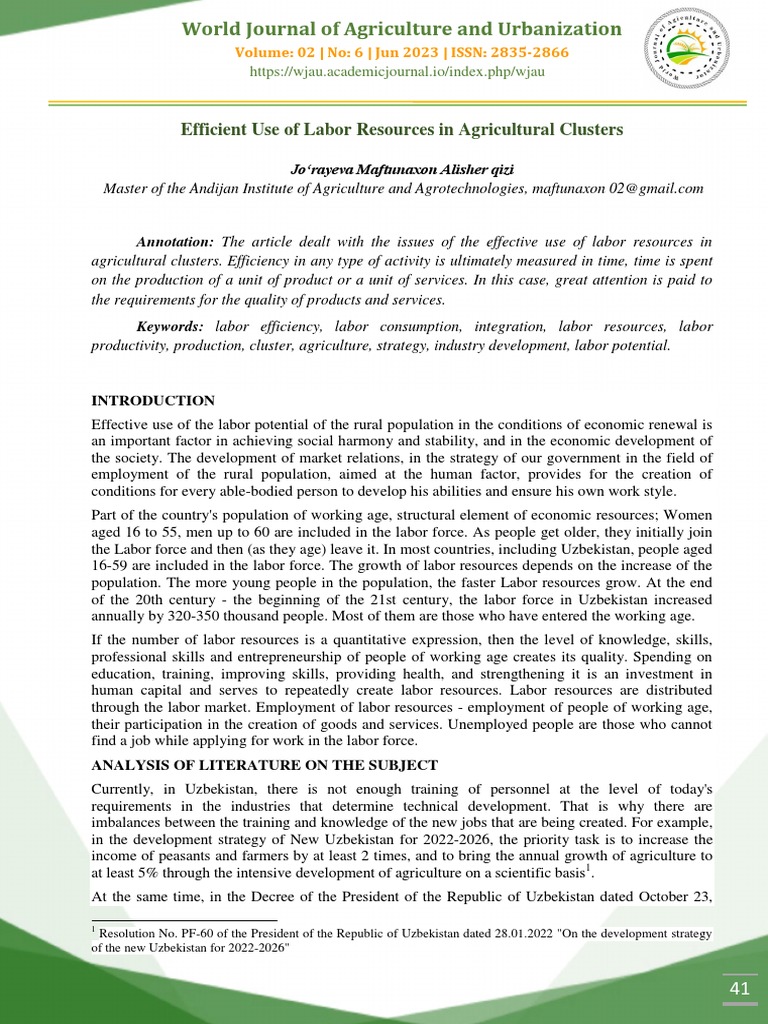 Efficient Use of Labor Resources in Agricultural Clusters | PDF ... Efficient Use of Labor Resources in Agricultural Clusters | PDF ...