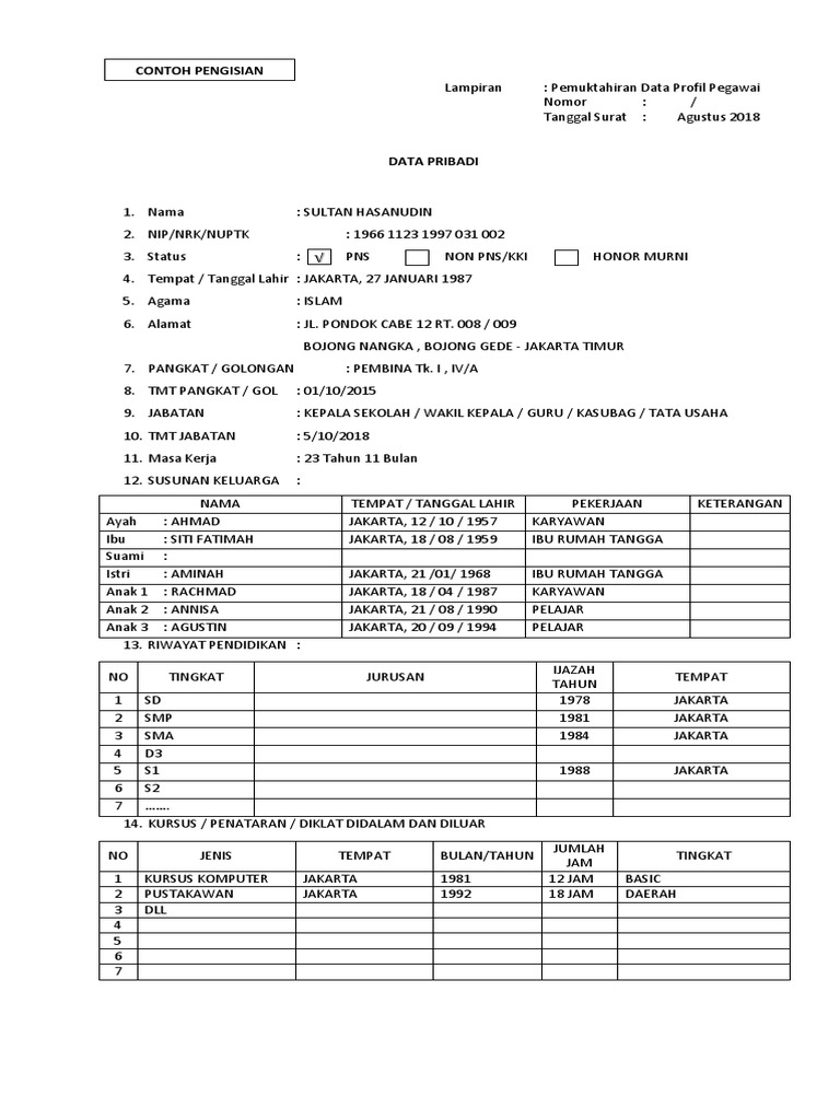 Contoh Pengisian Profil Pegawai | PDF