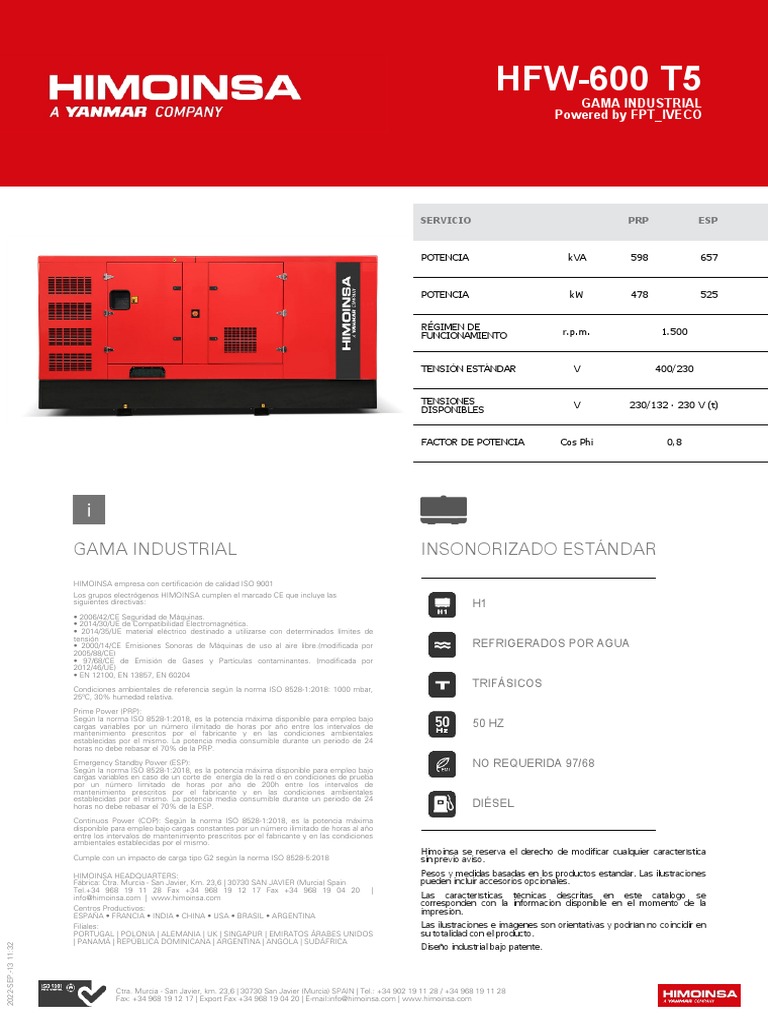Ficha Tecnica Grupo HFW 600 t5 Insonorizado Espanol | PDF | Energia electrica | Turbocompresor