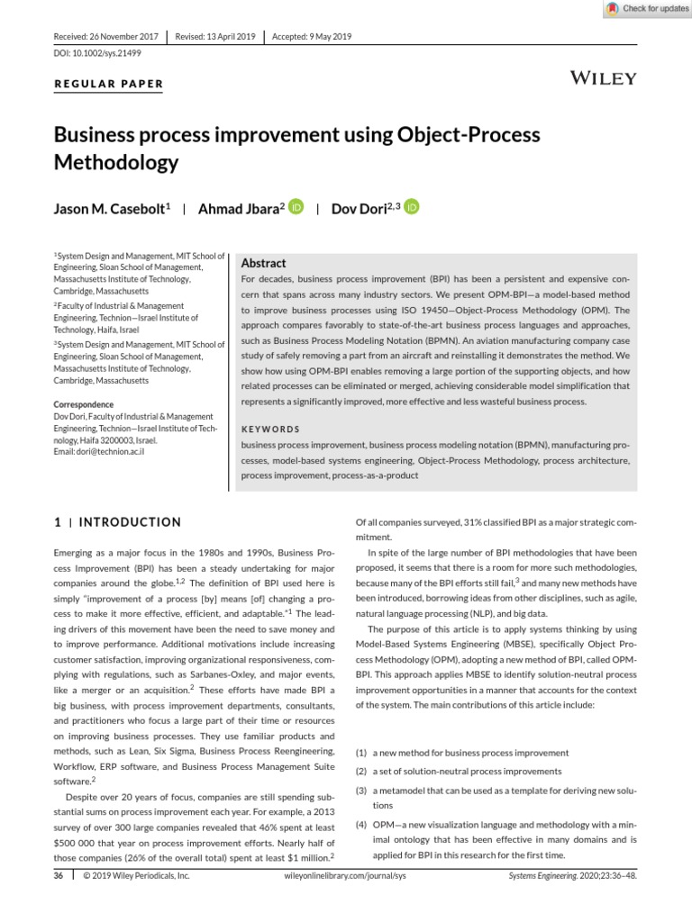 Systems Engineering - 2019 - Casebolt - Business Process Improvement Using Object Process ...