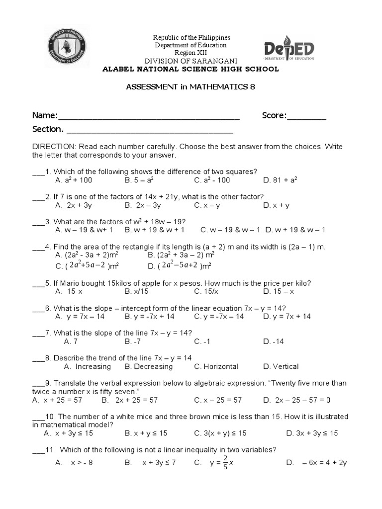 Mathematics 8 Assessment Questions | PDF