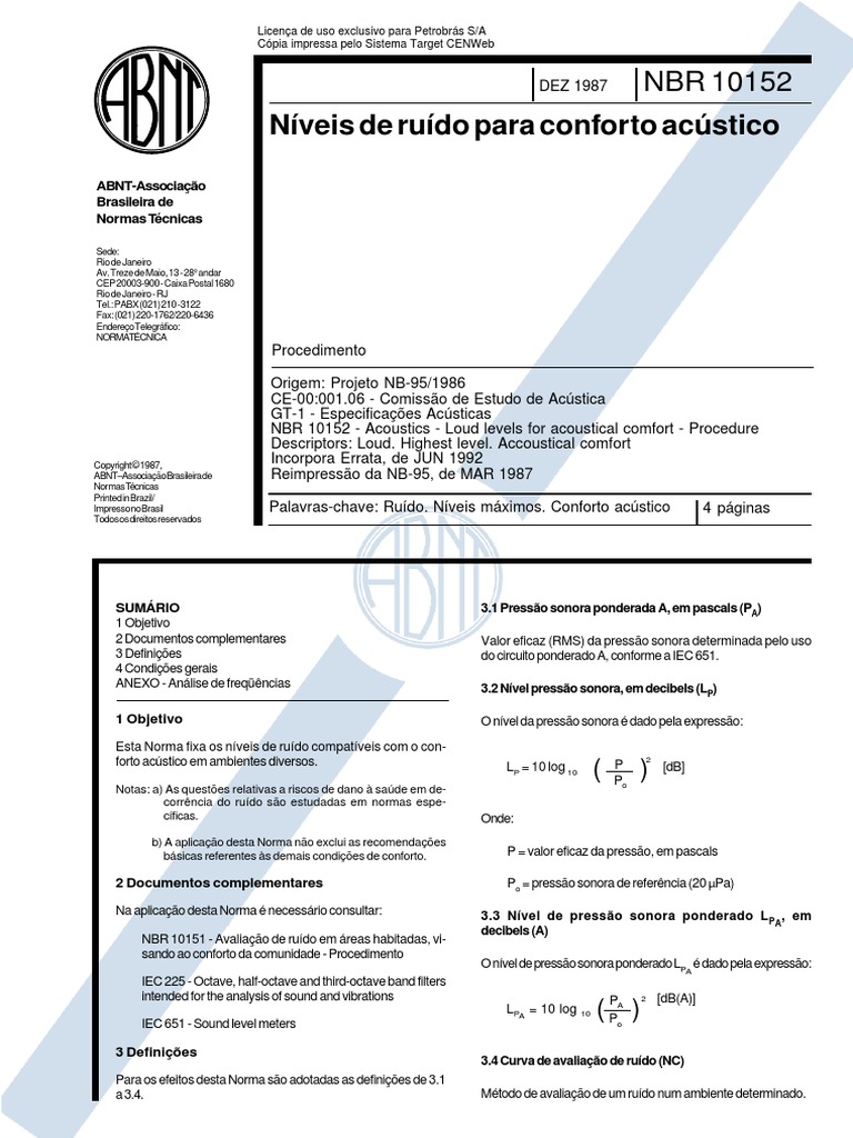 ABNT NBR 10152 - Níveis de Ruído para Conforto Acústico | PDF | Decibel ...