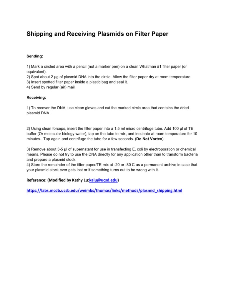 Shipping and Receiving Plasmids On Filter Paper | PDF