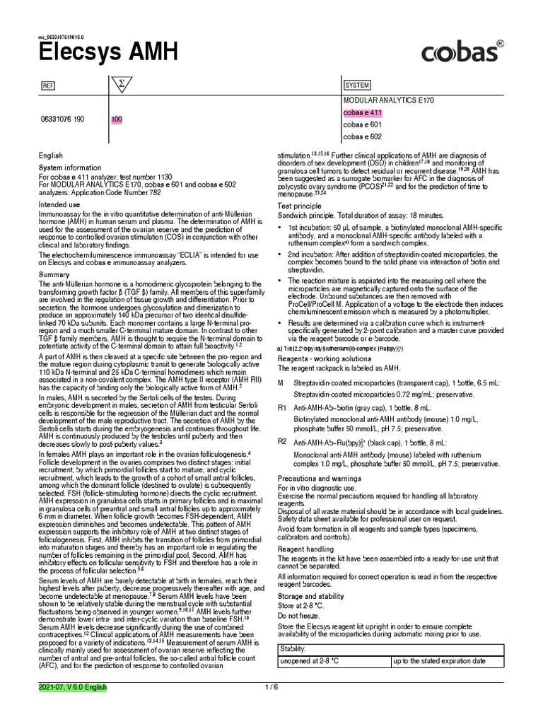 Elecsys AMH: 06331076 190 Cobas e 411 Cobas e 601 Cobas e 602 English System Information | PDF ...