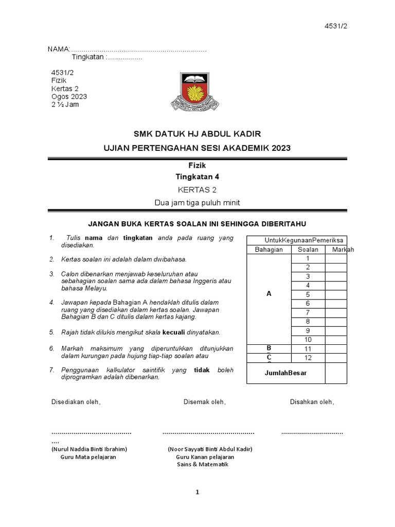 F4 Fizik 2023 P2 | PDF