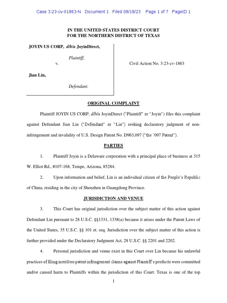 Joyin v. Lin - Complaint Following Amazon Delisting | PDF | Declaratory ...