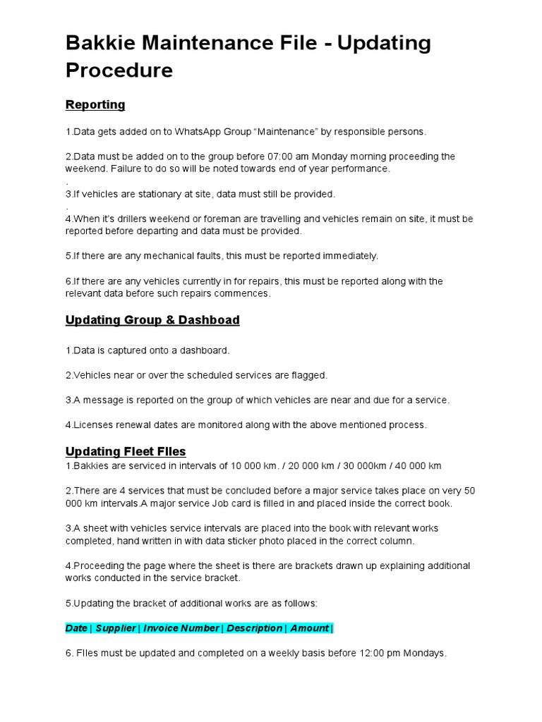 Bakkie Maintenance File - Updating Procedure | PDF