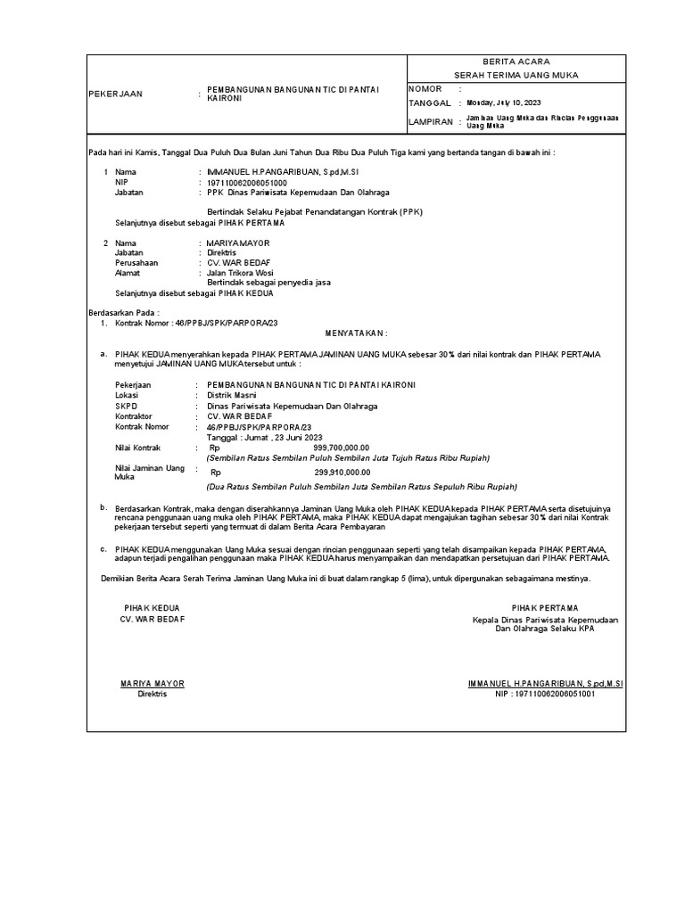 Bap Tagihan Uang Muka Jalur 1 SP7 | PDF