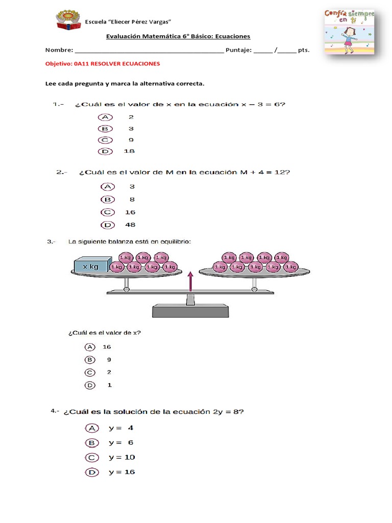 Evaluación Matemática Ecuaciones-6° | PDF | Métodos y materiales de ...