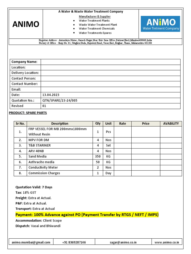 Quotation for Water Treatment Spares | PDF | Taxes | Payments