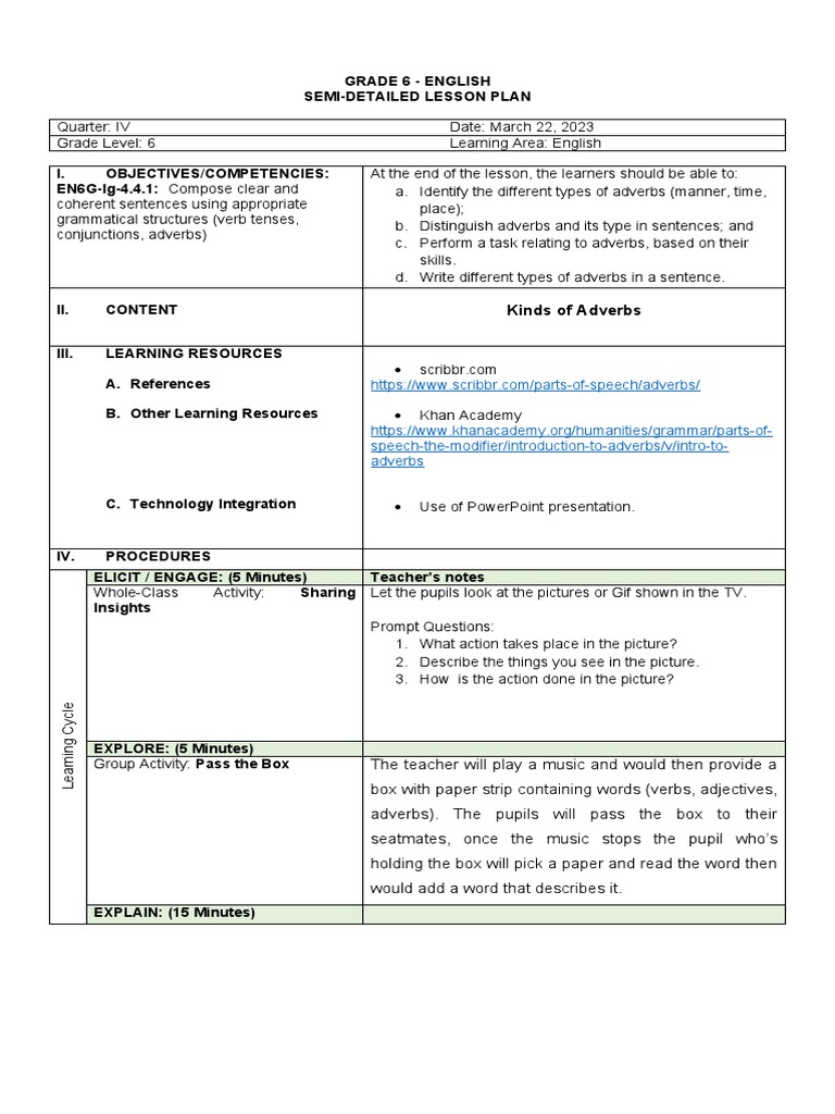 Grade 6 Adverbs Lesson Plan | PDF