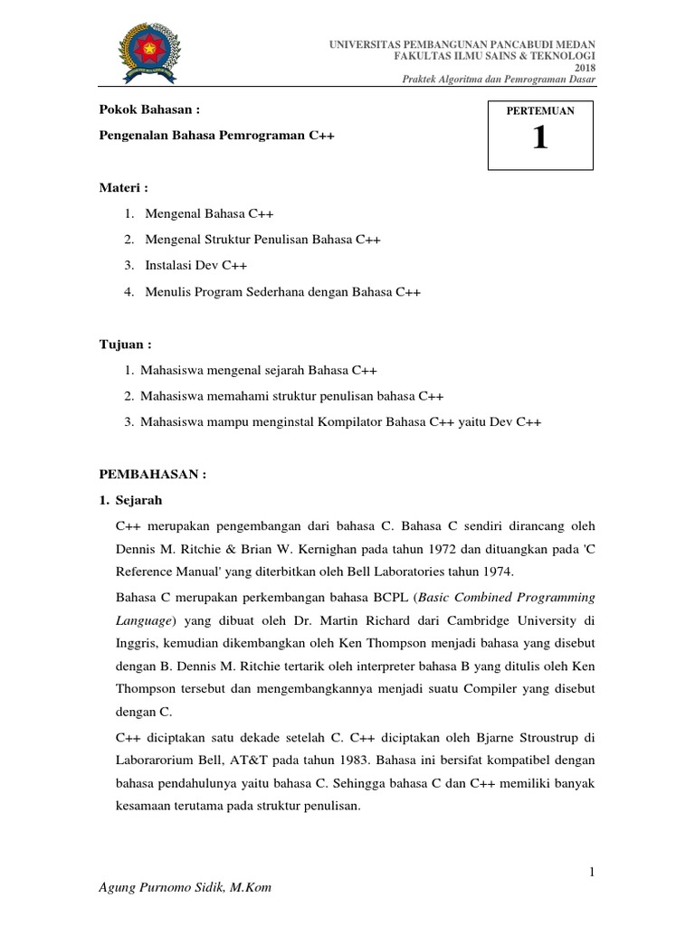 Pertemuan 1 - Mengenal Bahasa Pemrograman C++-1 | PDF | Komputer ...