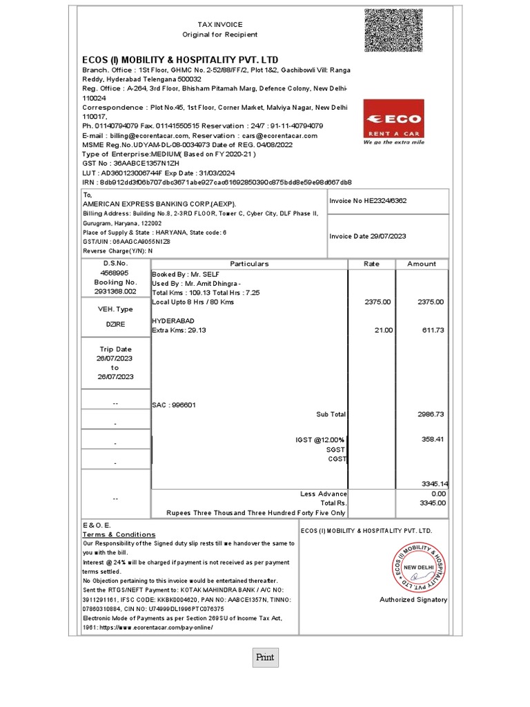 Ecos (I) Mobility & Hospitality Pvt. LTD: Billing Address: Building No ...