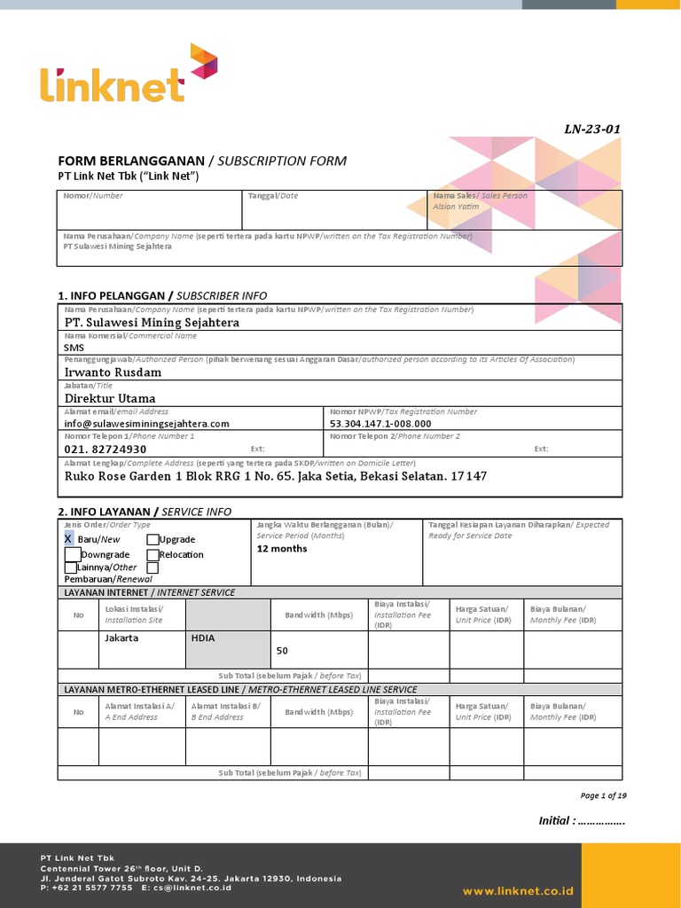 Form Berlangganan (FAB) Versi LN-23-01 | PDF | Public Switched Telephone Network | Service ...