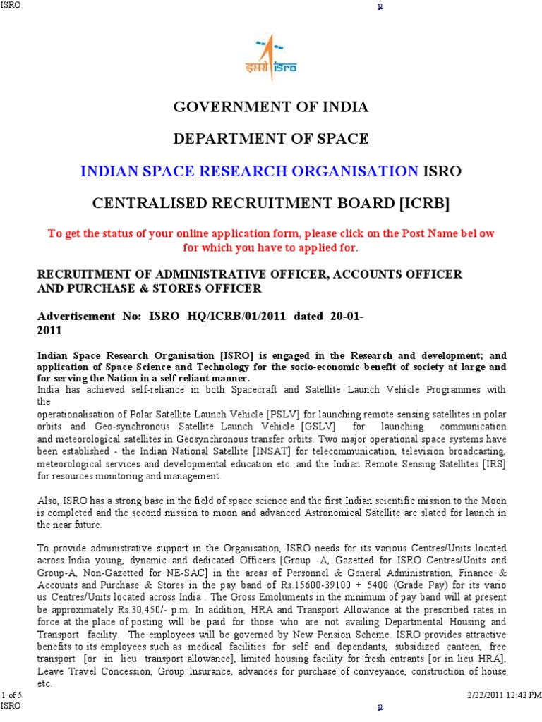 Government of India Department of Space Isro Centralised Recruitment ...