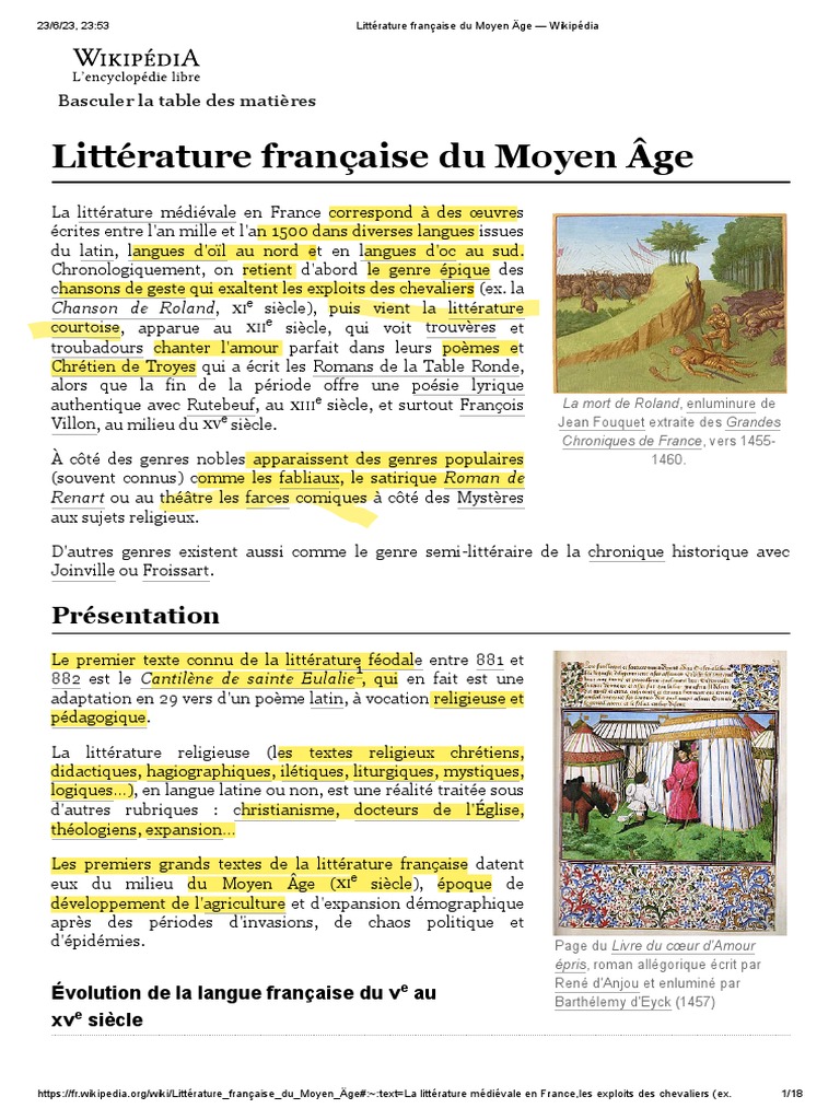 Littérature Française Du Moyen Âge - Wikipédia | PDF | Classiques