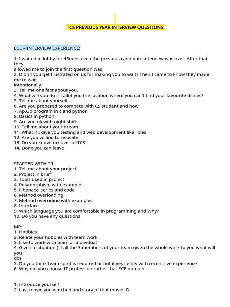 TCS Previous Year Interview QSN | PDF | Sql | Software Engineering TCS Previous Year Interview QSN | PDF | Sql | Software Engineering