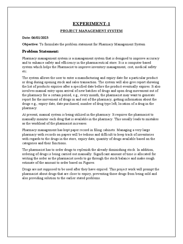 Pharmacy Management System Experiment 1 | PDF