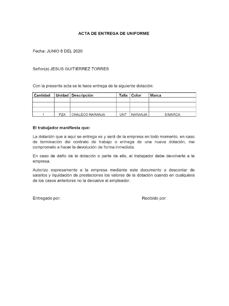 Formato Acta De Entrega De Uniformes Pdf