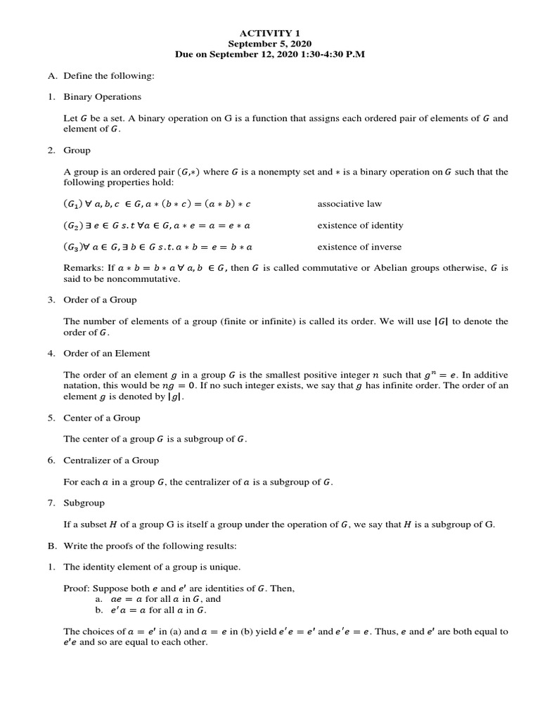 Algebraic Structures I Activity 1 Pdf