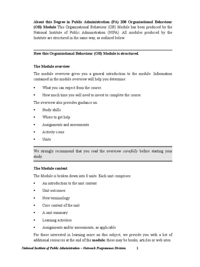 BPA - 208 Organisational Behaviour Module | PDF | Organizational Behavior | Psychology