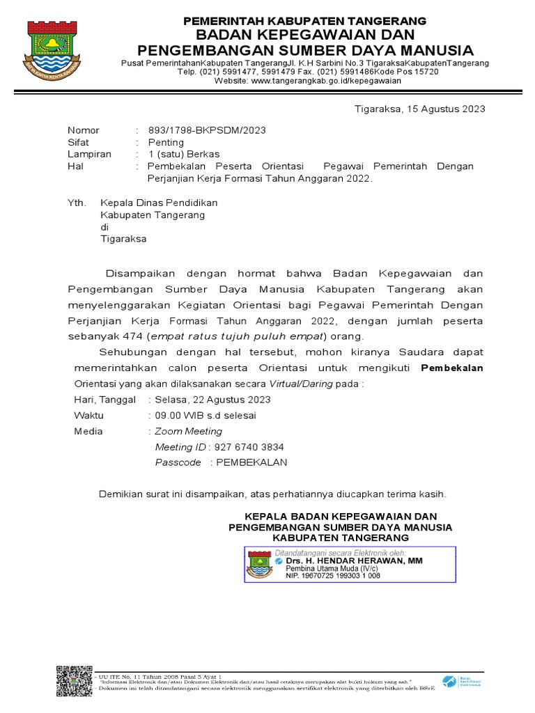 DS 1798 Undangan Pembekalan P3K 2023 - Sign - Sign | PDF