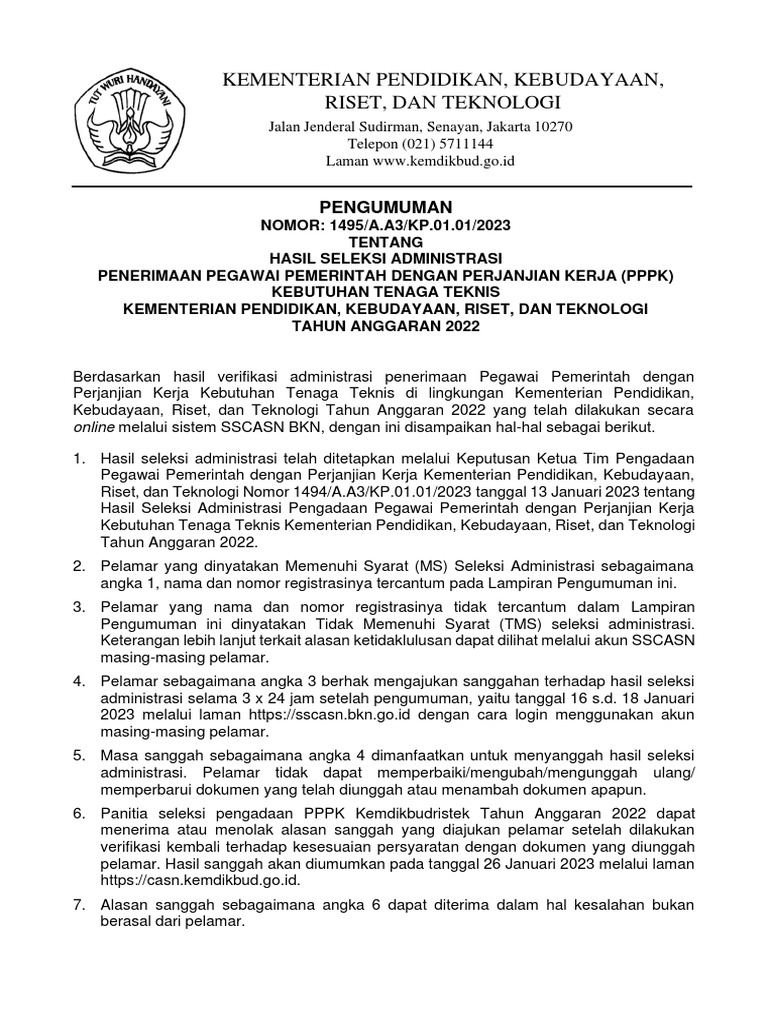 Pengumuman Hasil Seleksi Administrasi PPPK Teknis 2022 - Full | PDF