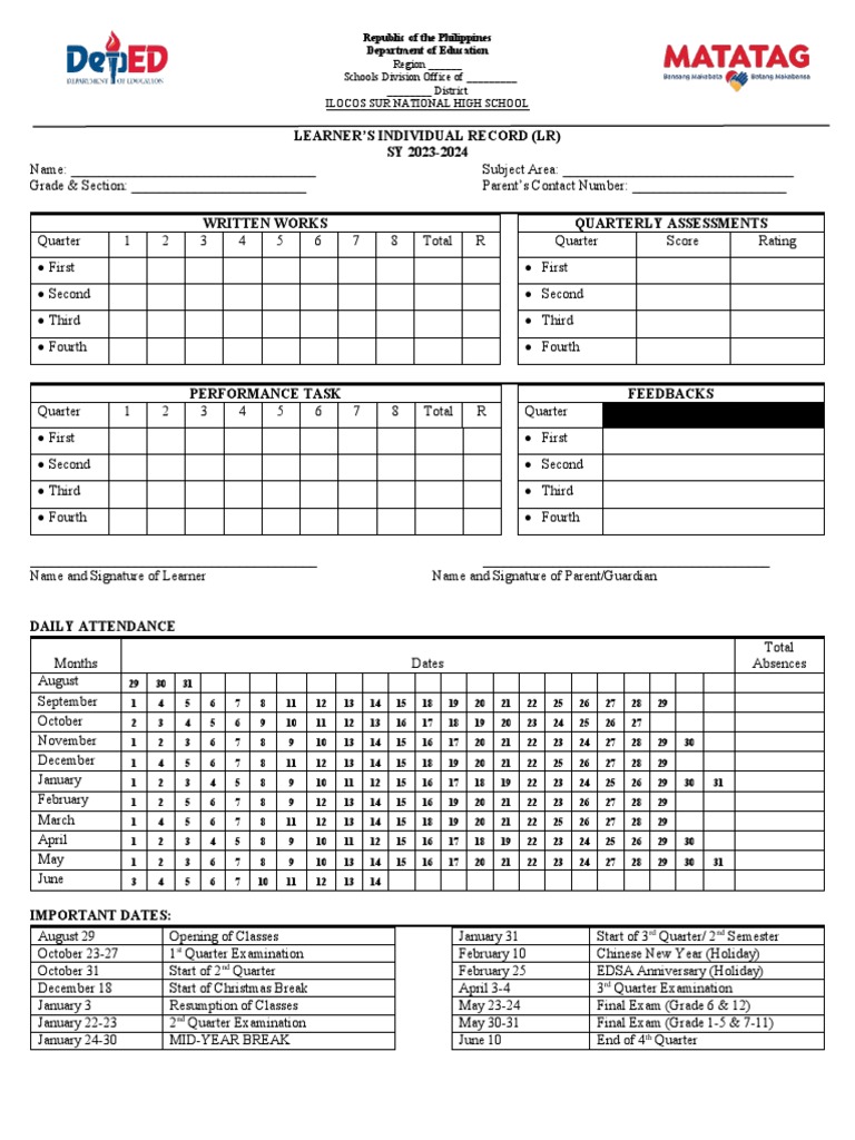 Learner's Individual Record 2023-2024 | PDF | Academic Term | Schools