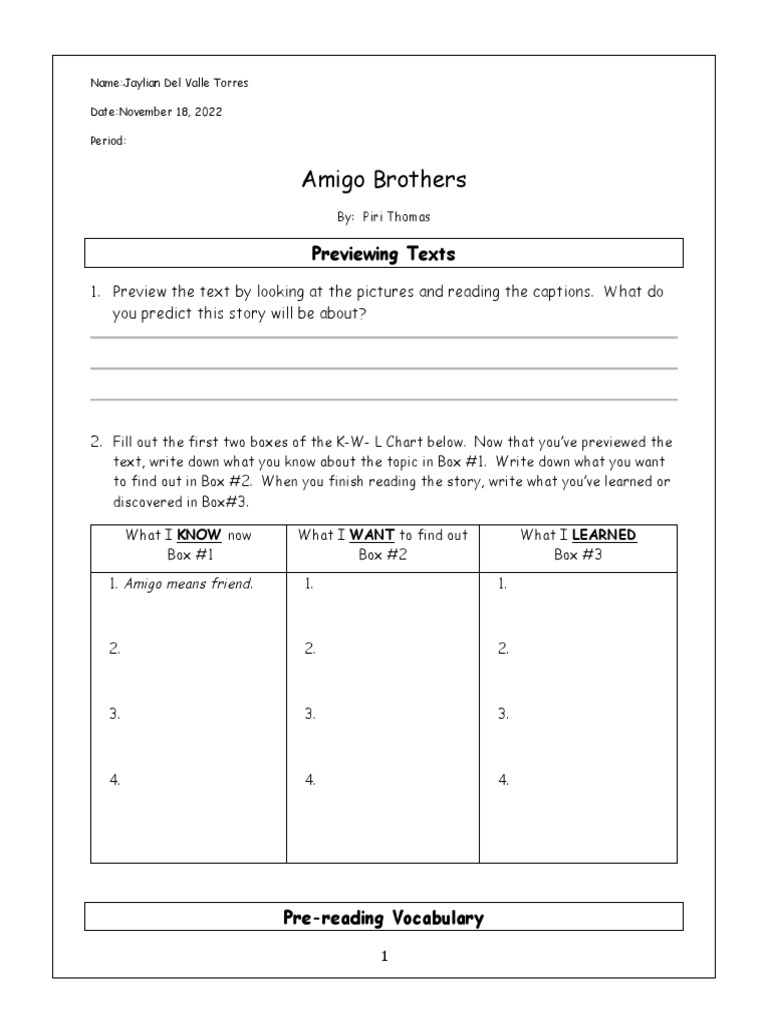 Copia de Amigo Brothers Worksheet | PDF