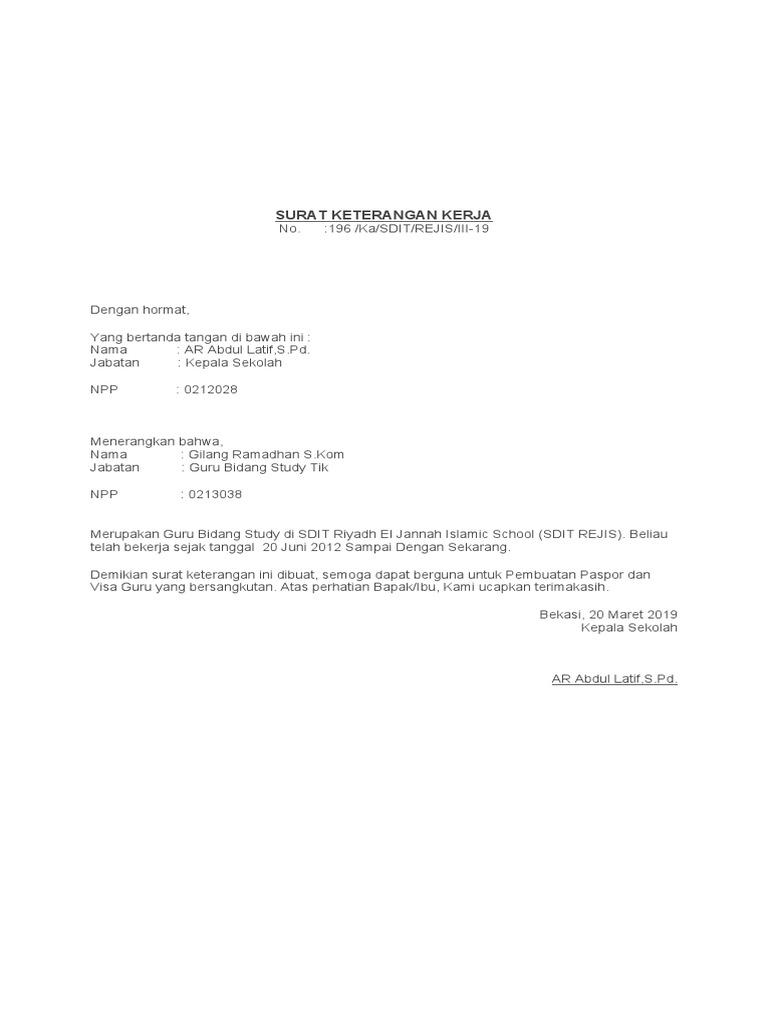 Surat Keterangan Kerja Guru Tik | PDF