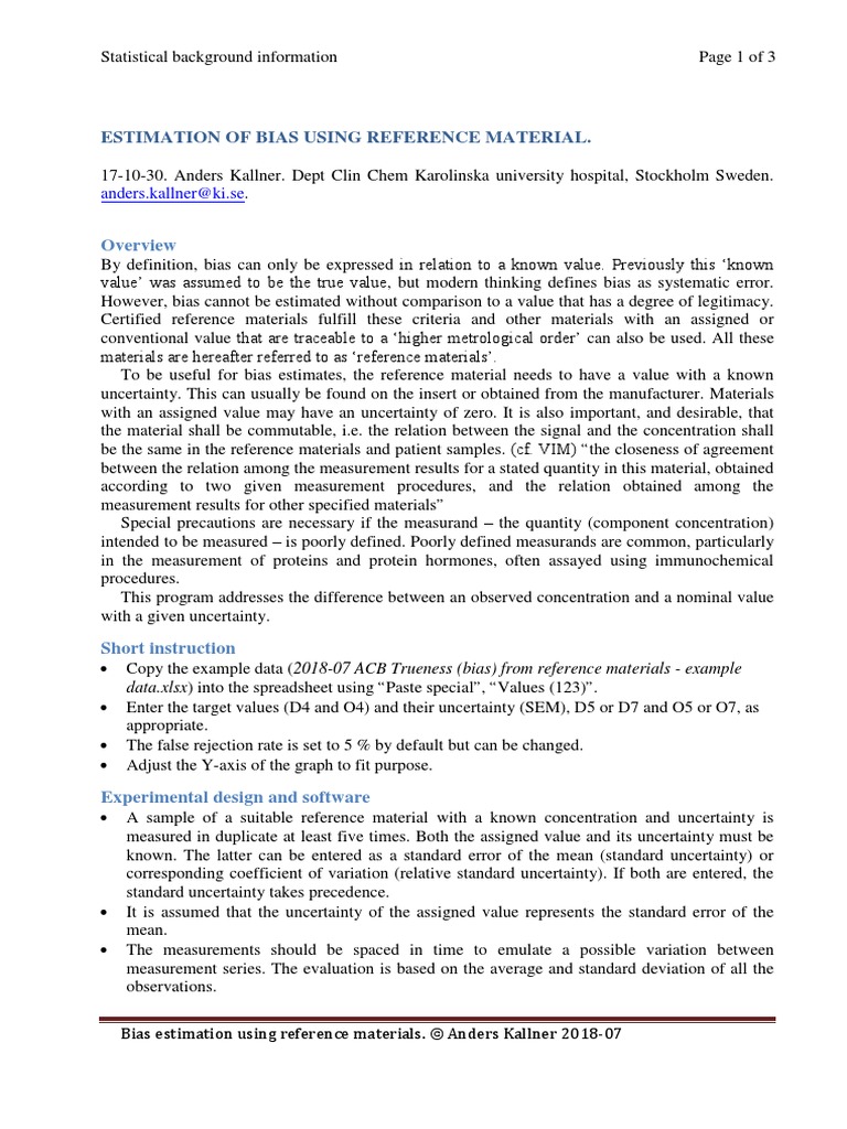 2018 07 Acb Trueness Bias From Reference Materials Instructions Document | PDF | Standard ...