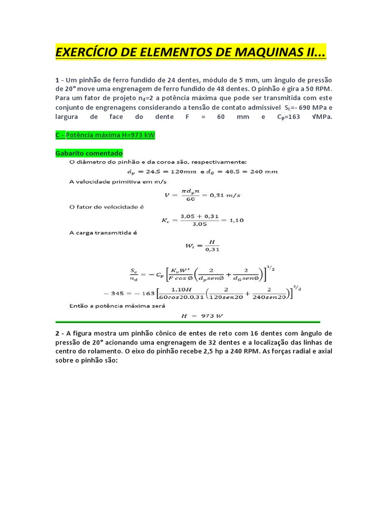 Exercício de Elementos de Maquinas Ii | PDF