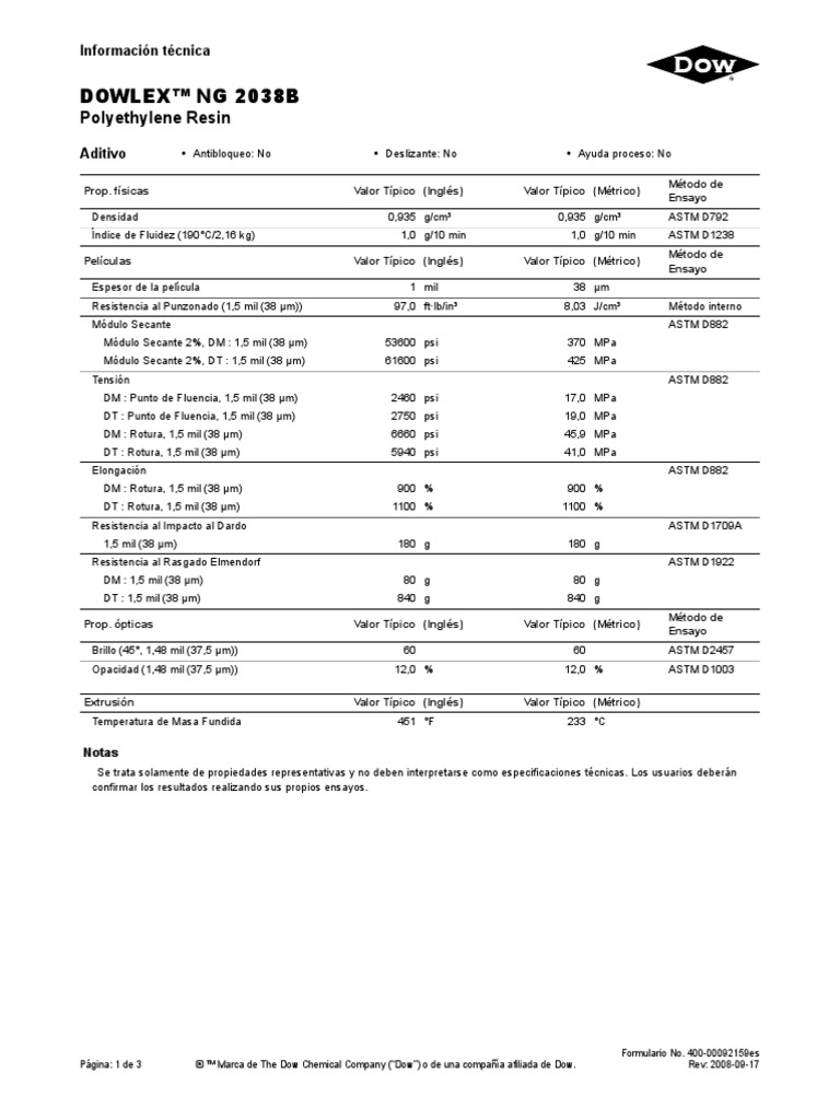 400 00092159es Dowlex NG 2038b Polyethylene Resin Tds | PDF ...